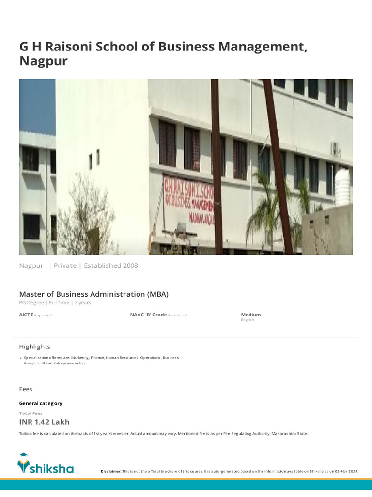 G H Raisoni School of Business Management Nagpur | PDF
