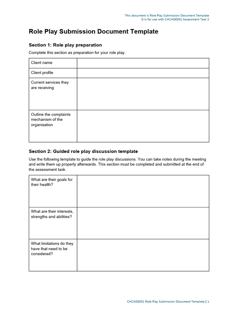 CHCAGE001 Role Play Submission Template | PDF | Risk | Health Care