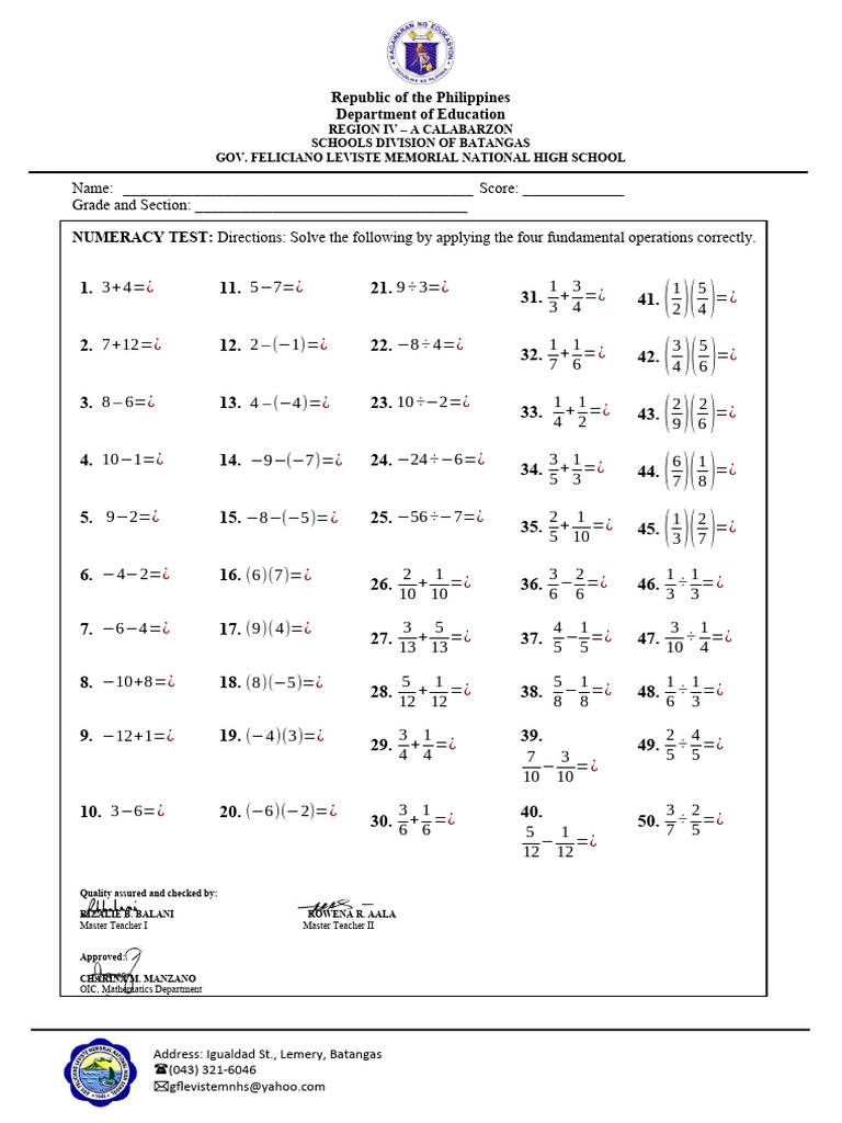 Numeracy Test 1 50 | PDF