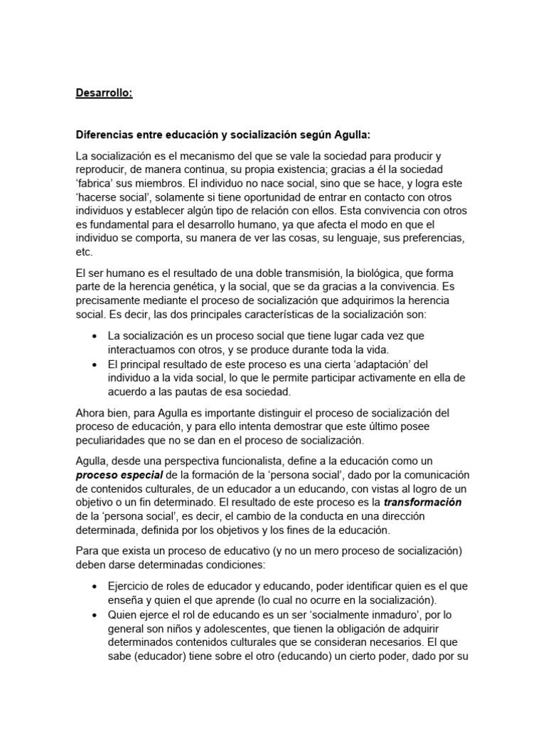 Diferencias Entre Educación y Socialización Según Agulla | PDF | Socialización | Sociedad