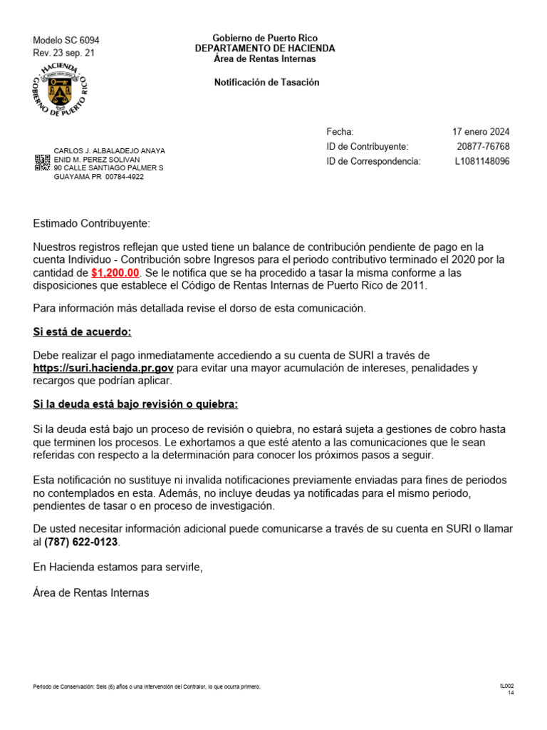 Notificación de Tasación SC 6096 | PDF