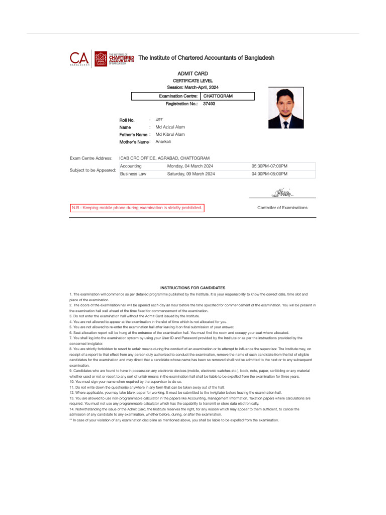 ICAB Admit Card | PDF