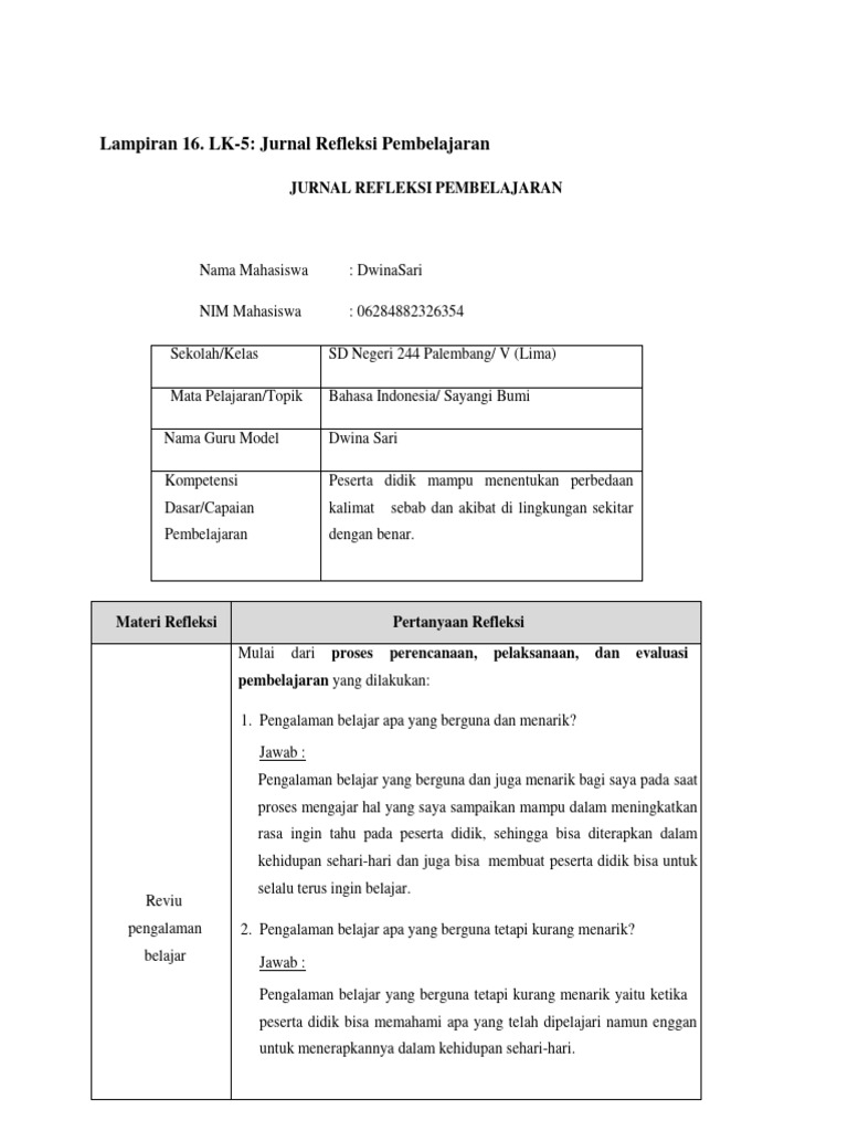 Dwina Lampiran 16. LK-5 Jurnal Refleksi Pembelajaran (Siklus 3) | PDF | Pengembangan Diri ...