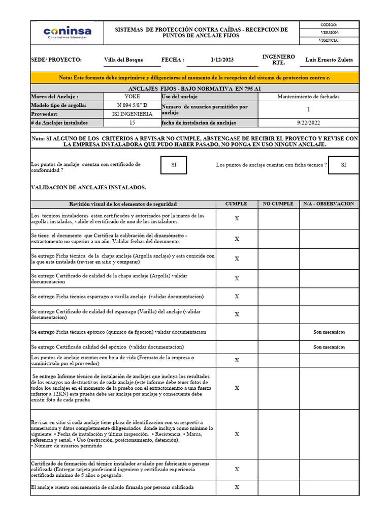 Lista Chequeo Recepcion Puntos de Anclaje Fijos Certificados | PDF