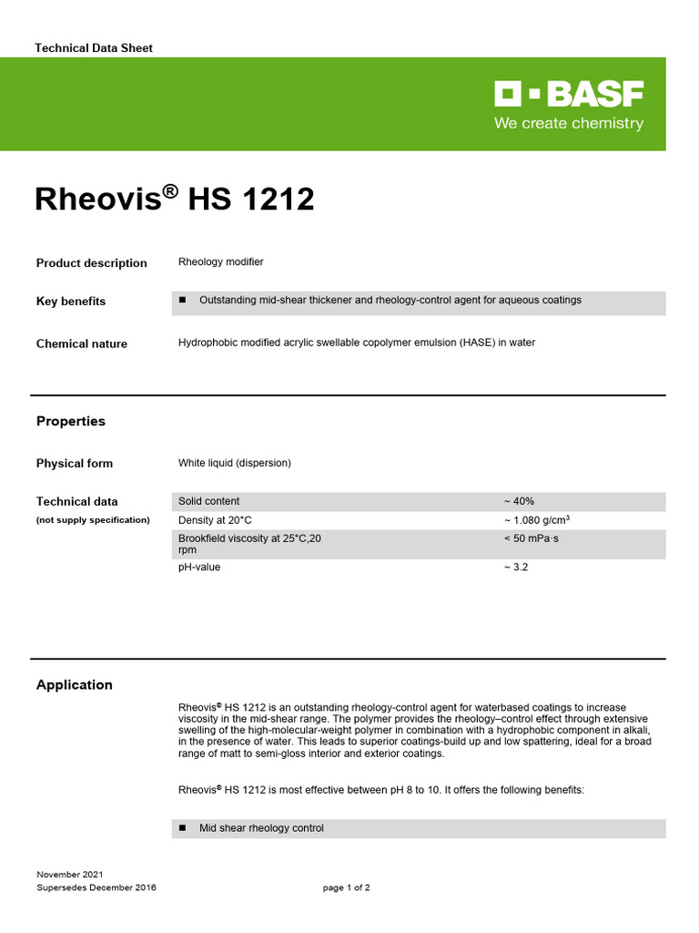 TDS-Rheovis HS 1212 | PDF | Rheology | Chemical Substances
