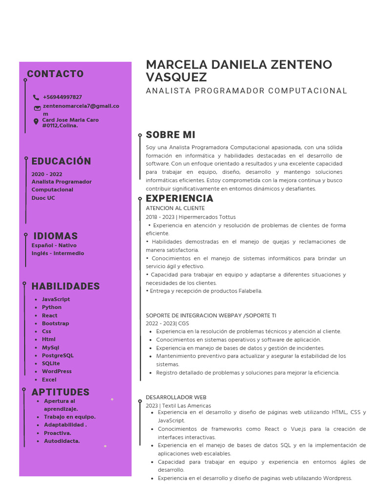 CV Marcela Zenteno 01 | PDF | Mi sql | Ciencias de la Computación