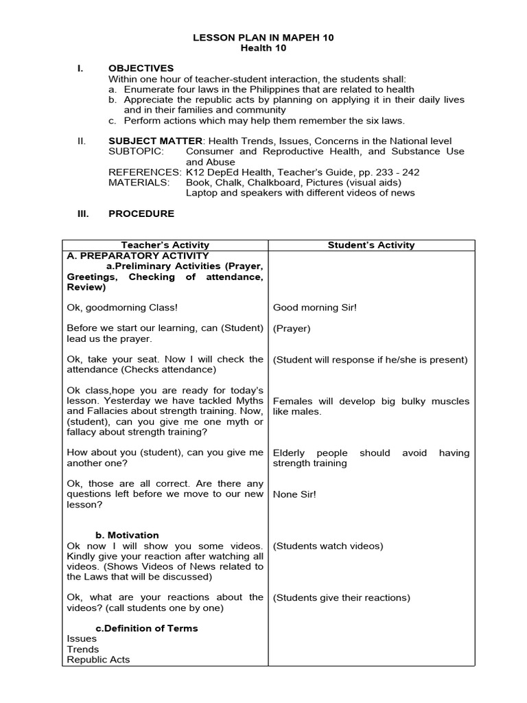 Health Lesson Plan for MAPEH 10 | PDF | Self-Improvement