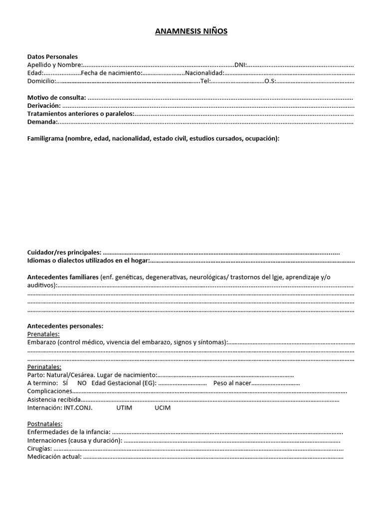 Modelo Anamnesis Niños | Descargar gratis PDF | Parto | Especialidades Medicas