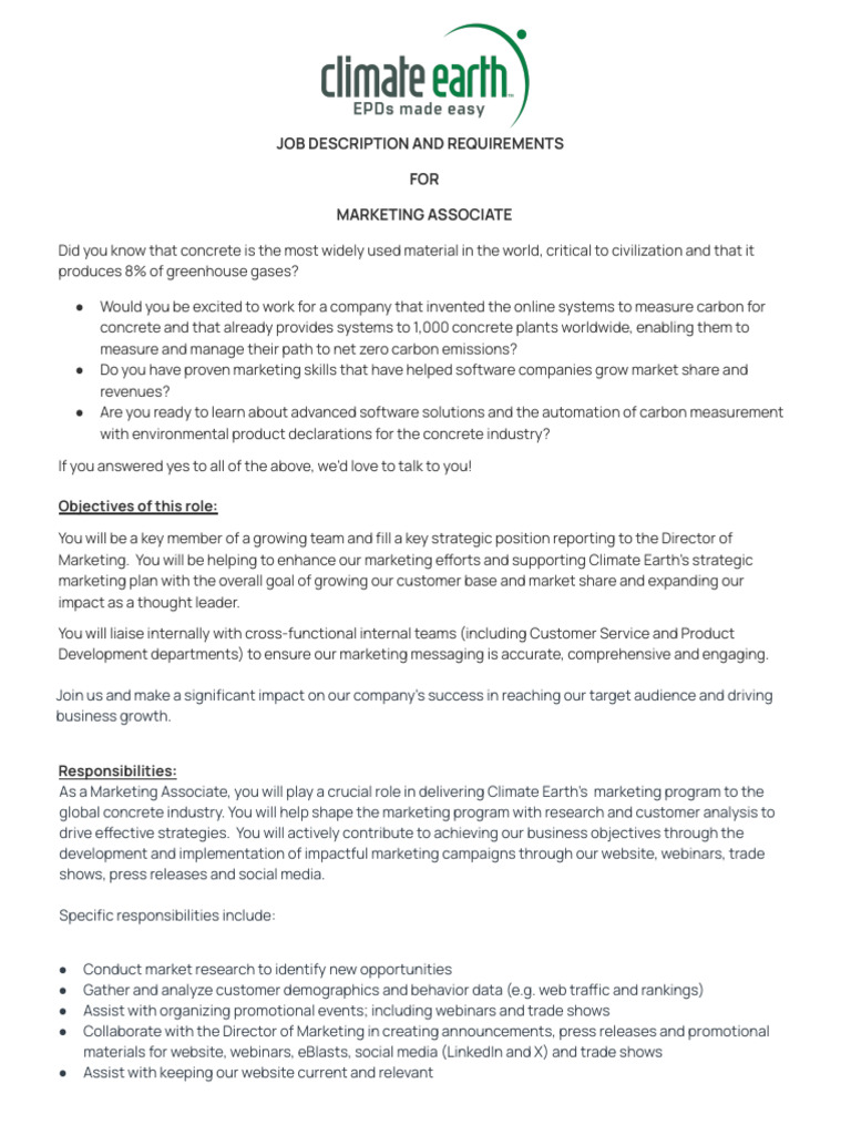 Marketing Associate Job Description 2024 | PDF | Marketing