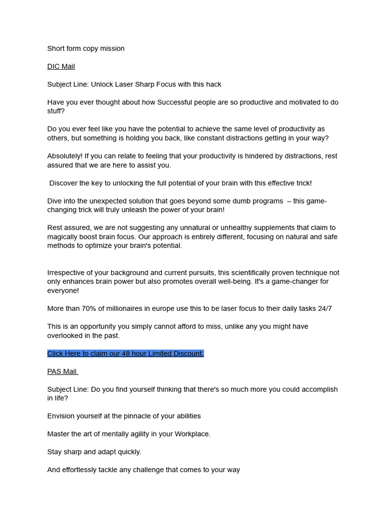 Short Form Copy Mission | PDF | Behavior Modification | Psychology