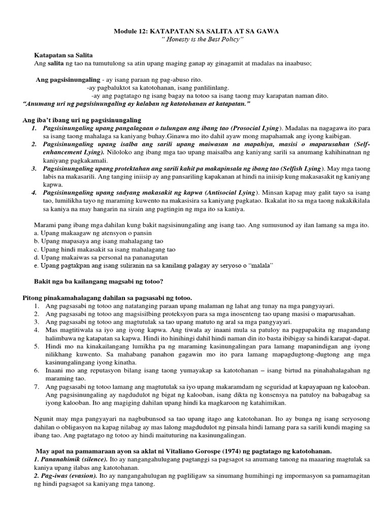 Module 12 Katapatan sa Salita at sa Gawa | PDF