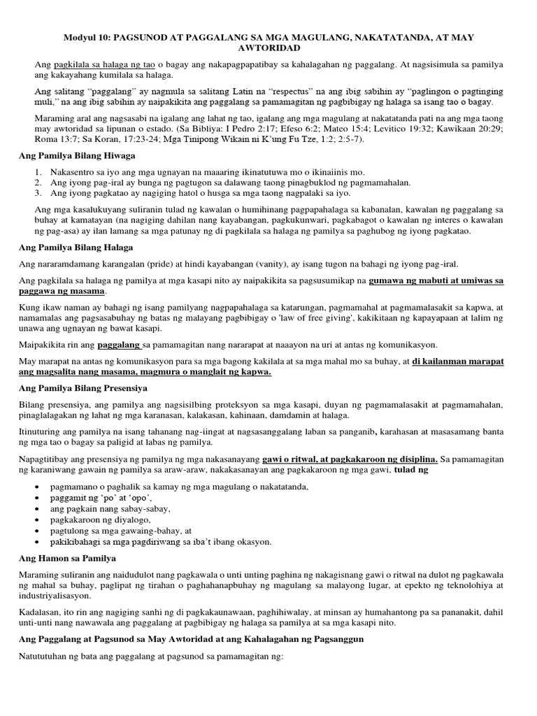 Module 10 Pagsunod at Paggalang Sa Mga Magulang | PDF