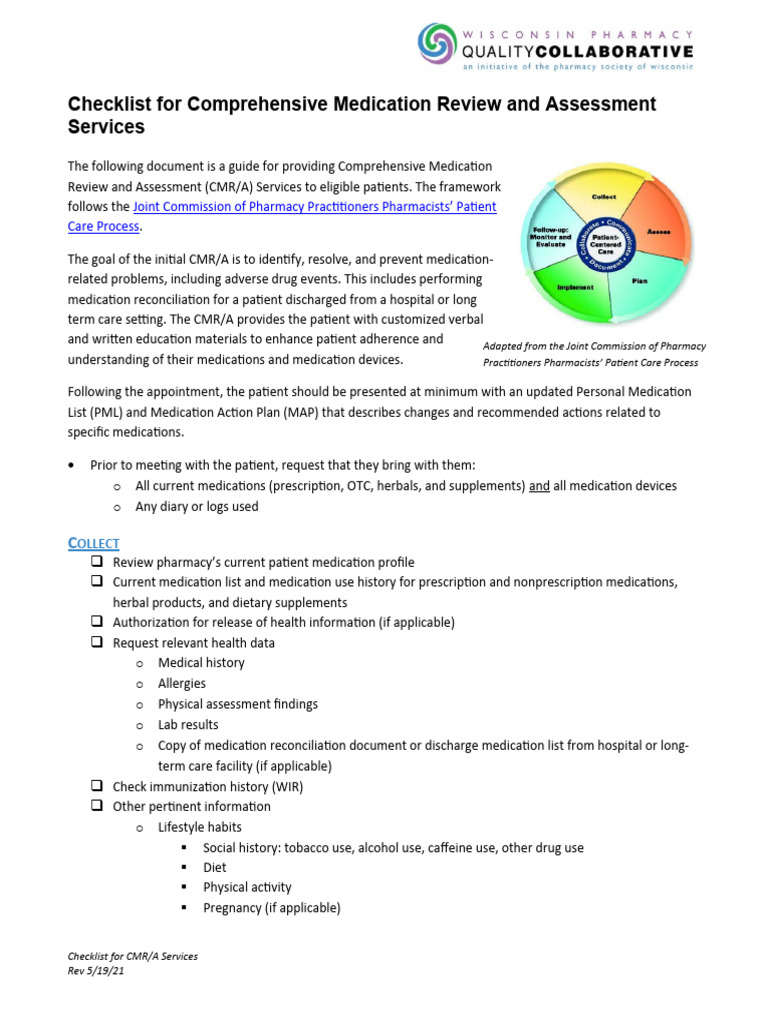CMR Checklist for Patient Assessment | PDF | Pharmacy | Preventive ...
