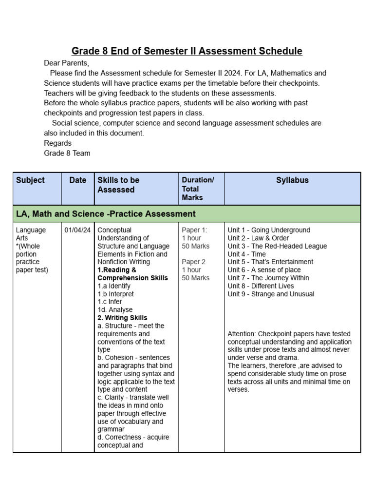 Grade 8 Semester II Assessment Schedule | PDF | Reading Comprehension ...