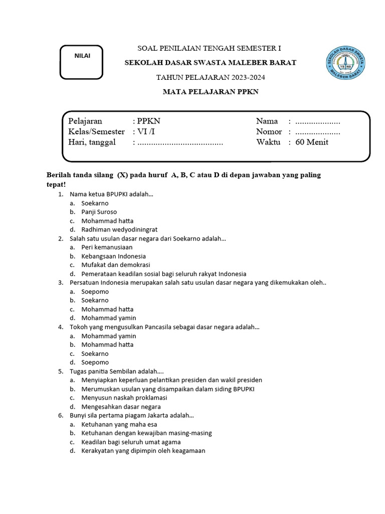 SOAL PENILAIAN TENGAH SEMESTER I PPKN 6 | PDF | Politik