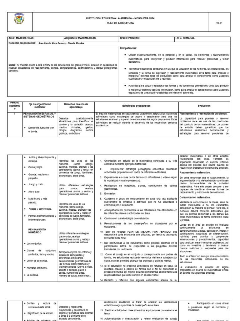 Plan de Matemáticas Primaria 2024 | PDF | Plan de estudios | Evaluación