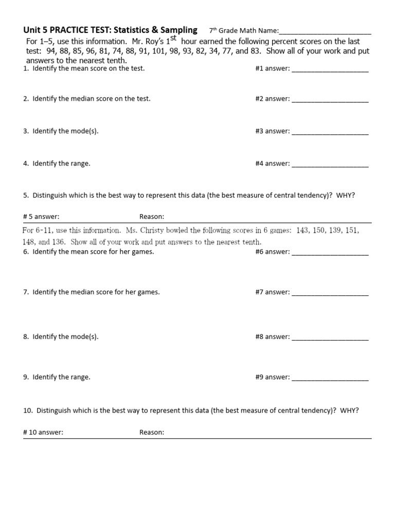 7th Grade Statistics Practice Test | PDF | Sampling (Statistics ...