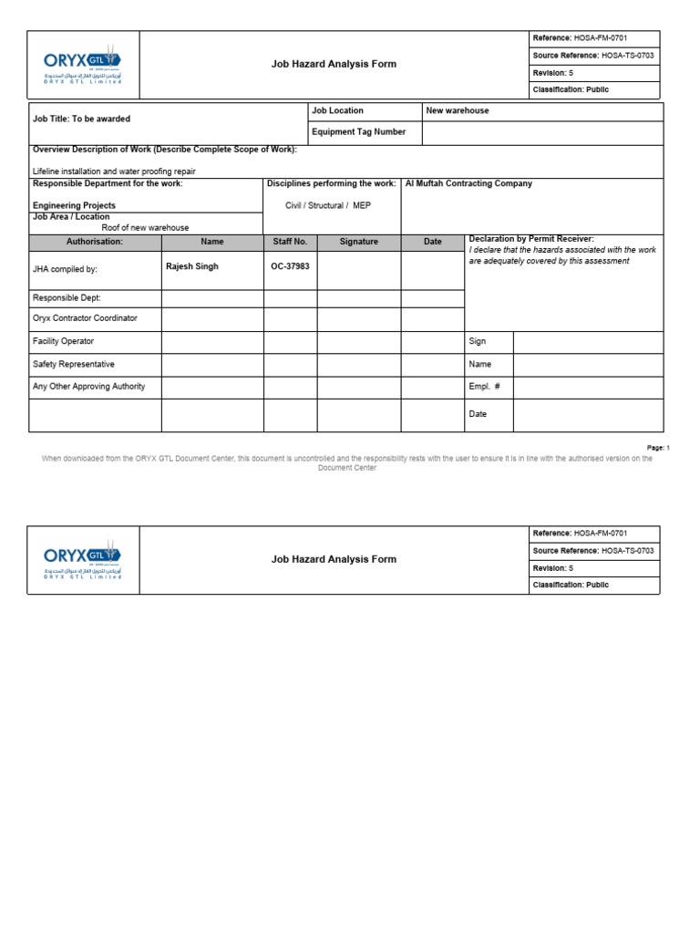 New Warehouse Tender JHA For Lifeline and Sheet Repair | PDF | Safety ...