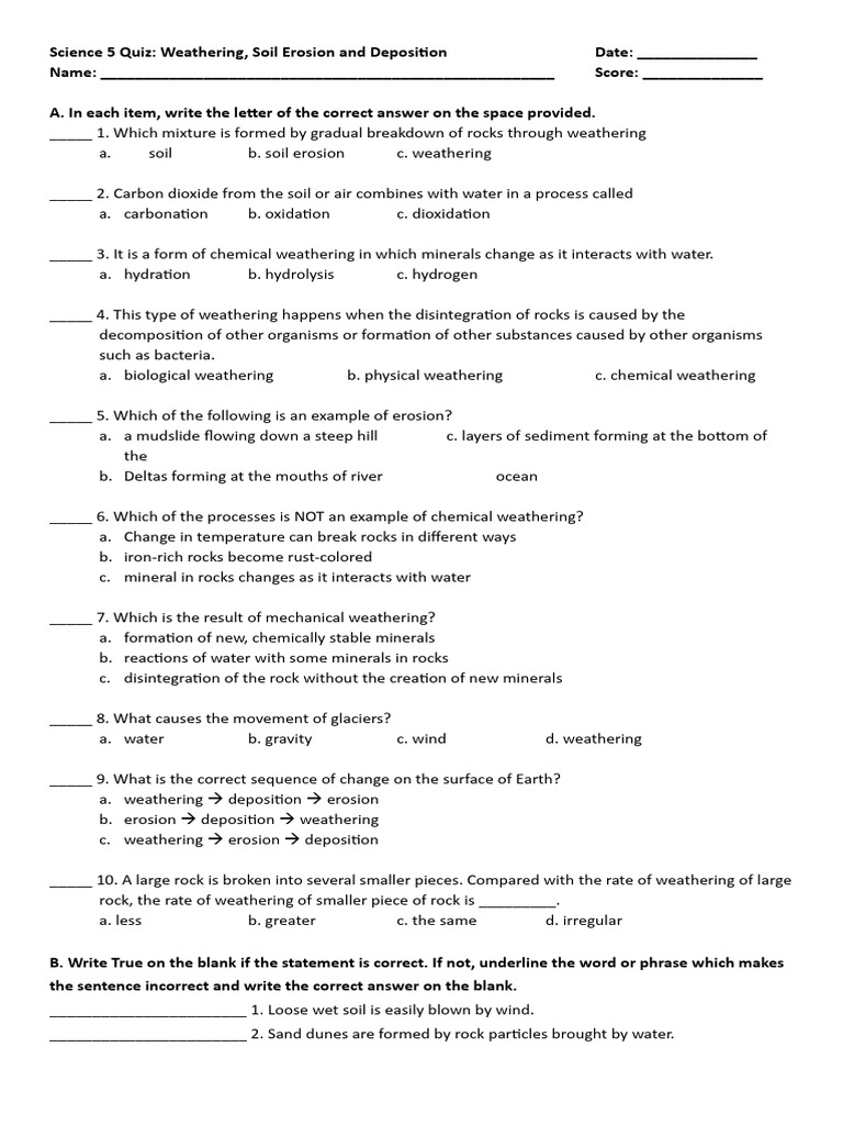 Weathering and Erosion Quiz for Science 5 | PDF | Weathering | Rock ...