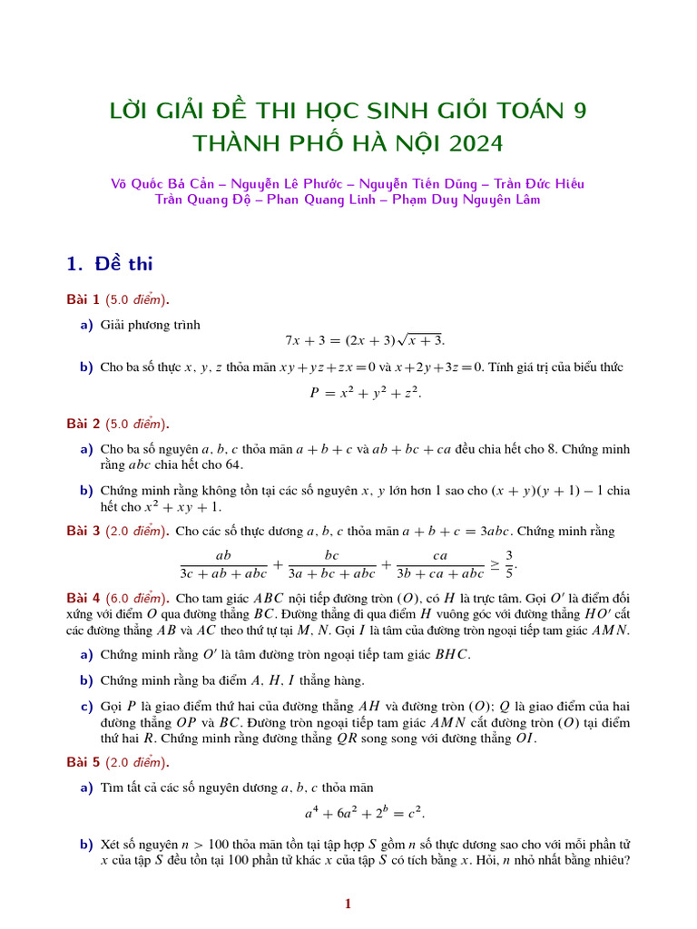 De Thi Hoc Sinh Gioi Toan 9 Nam 2023 2024 So GDDT Ha Noi | PDF