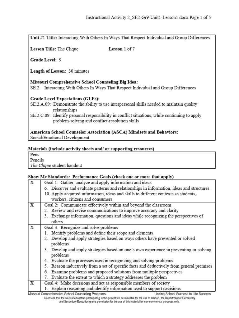 CNSL Curr Se2 9 Unit 1 Instructional Activity 2 Lesson 1 | PDF | School Counselor | Teachers