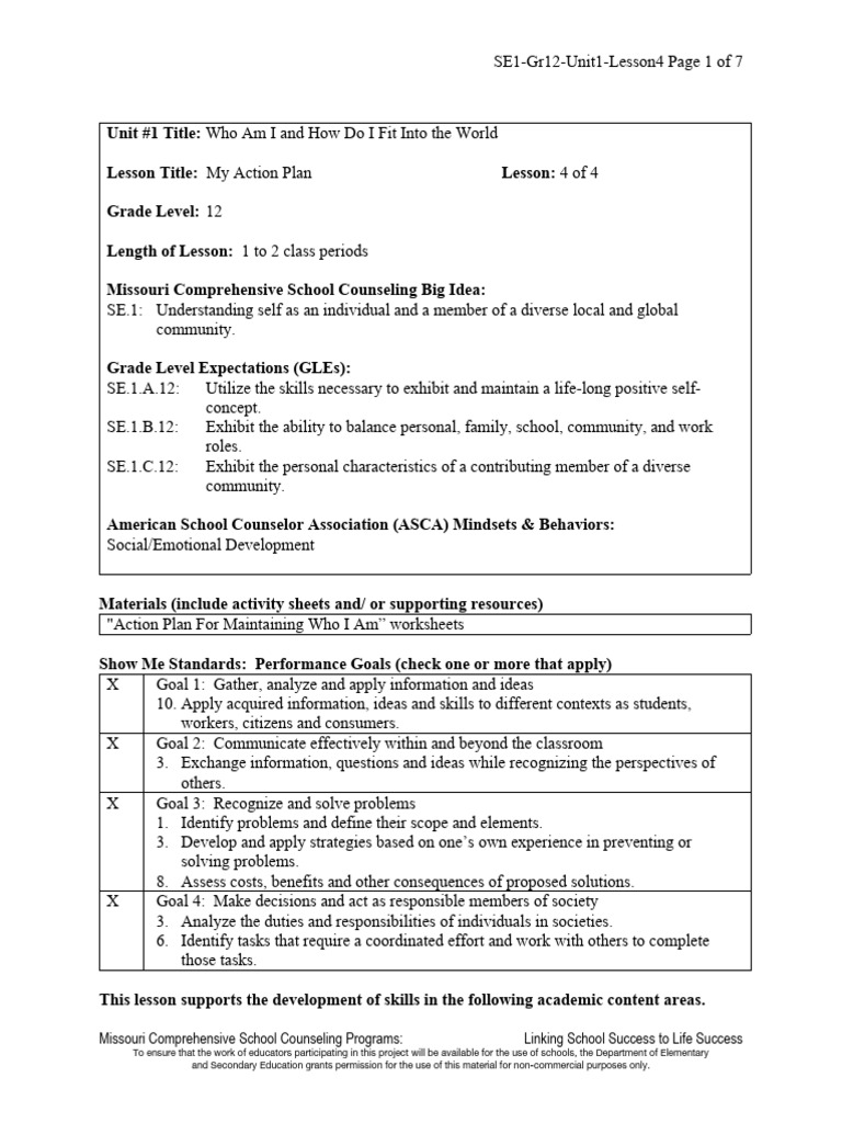 CNSL Curr Se1 12 Unit 1 Instructional Activity 5 Lesson 4 | PDF | School Counselor ...