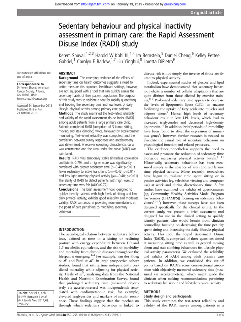 Rapid Assessment of Sedentary Behavior | PDF | Sedentary Lifestyle ...