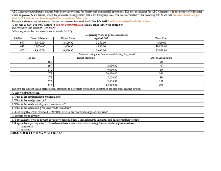 Job Order Costing Material Pdf Inventory Cost