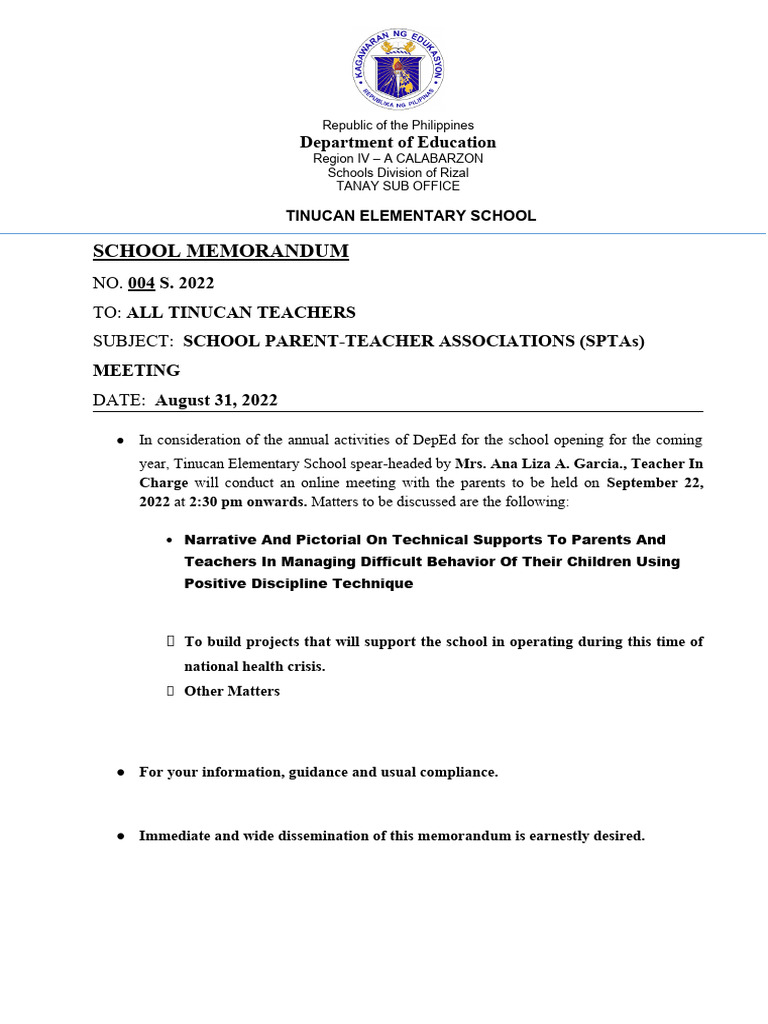 B.3 School Memo No. 004 Parents Orientation Meeting | PDF