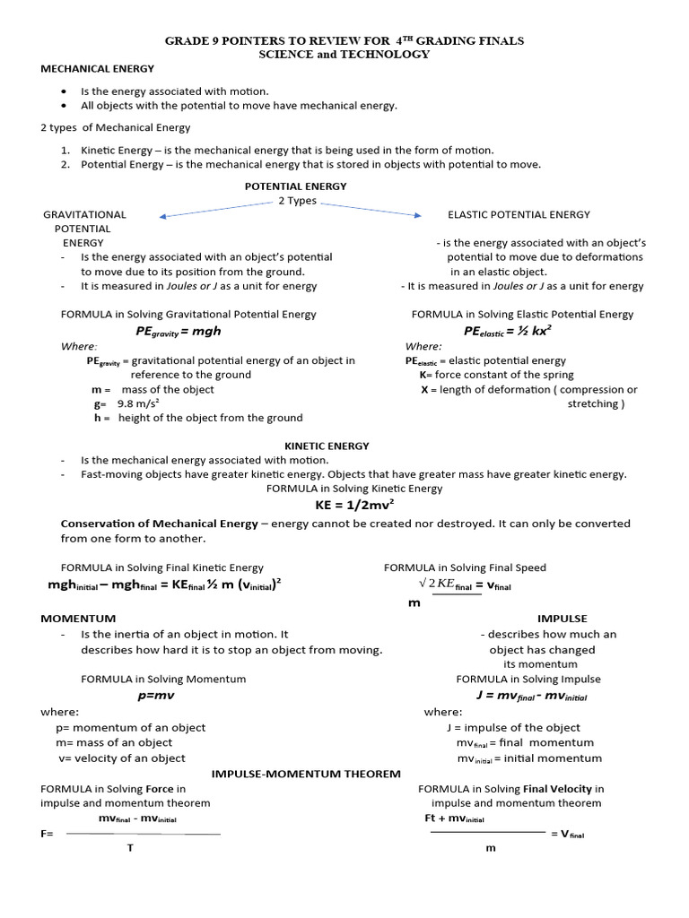Grade 9 Pointers To Review For 4TH Grading Finals | PDF | Potential Energy | Momentum