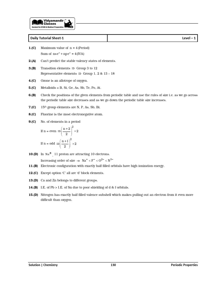 Periodic Properties Solution - DTS-1 | PDF | Science & Mathematics