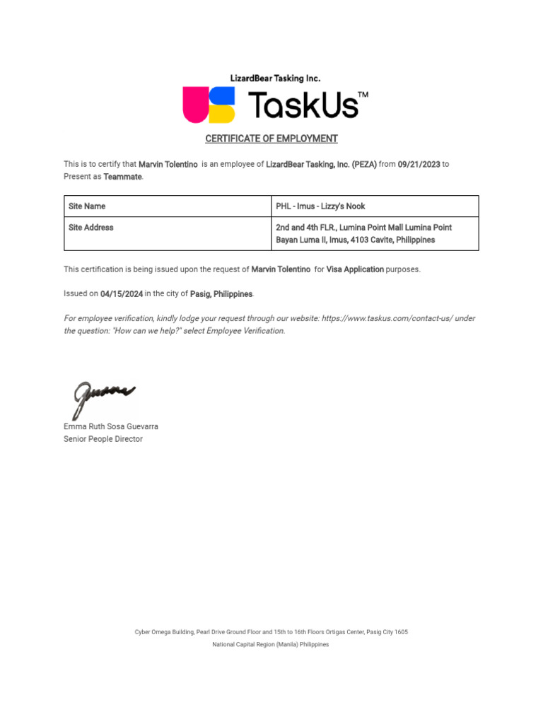 Custom Certificate of Employment (COE) For PH 2024-04-14 | PDF