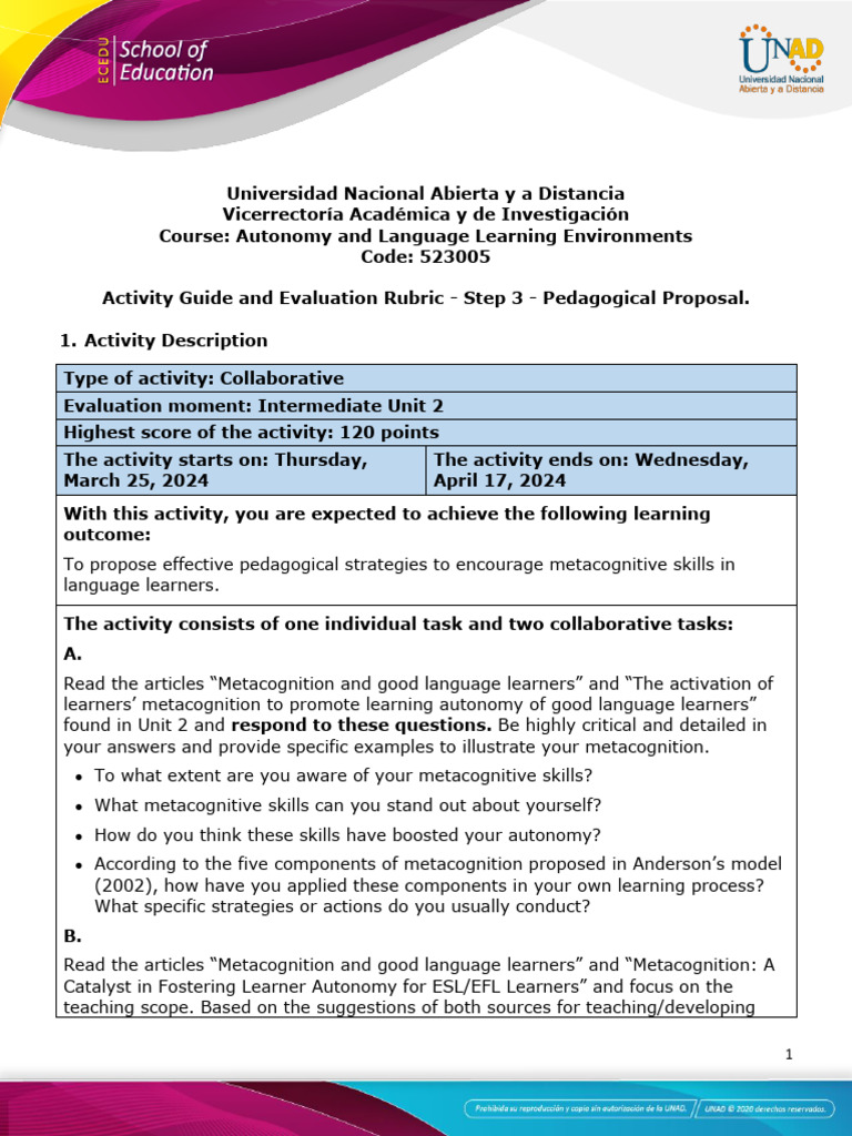 Activity Guide and Evaluation Rubric - Unit 2 - Step 3 - Pedagogical Proposal. | PDF ...