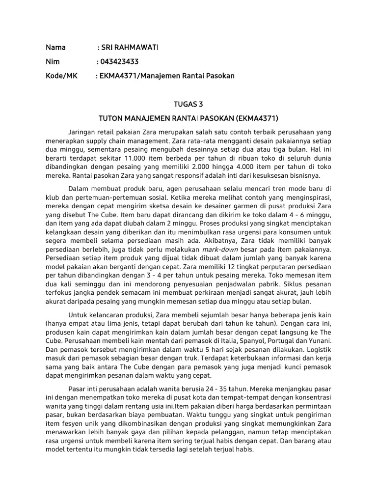 Tugas 3 - EKMA4371 Manajemen Rantai Pasokan | PDF | Karier & Perkembangan | Bisnis