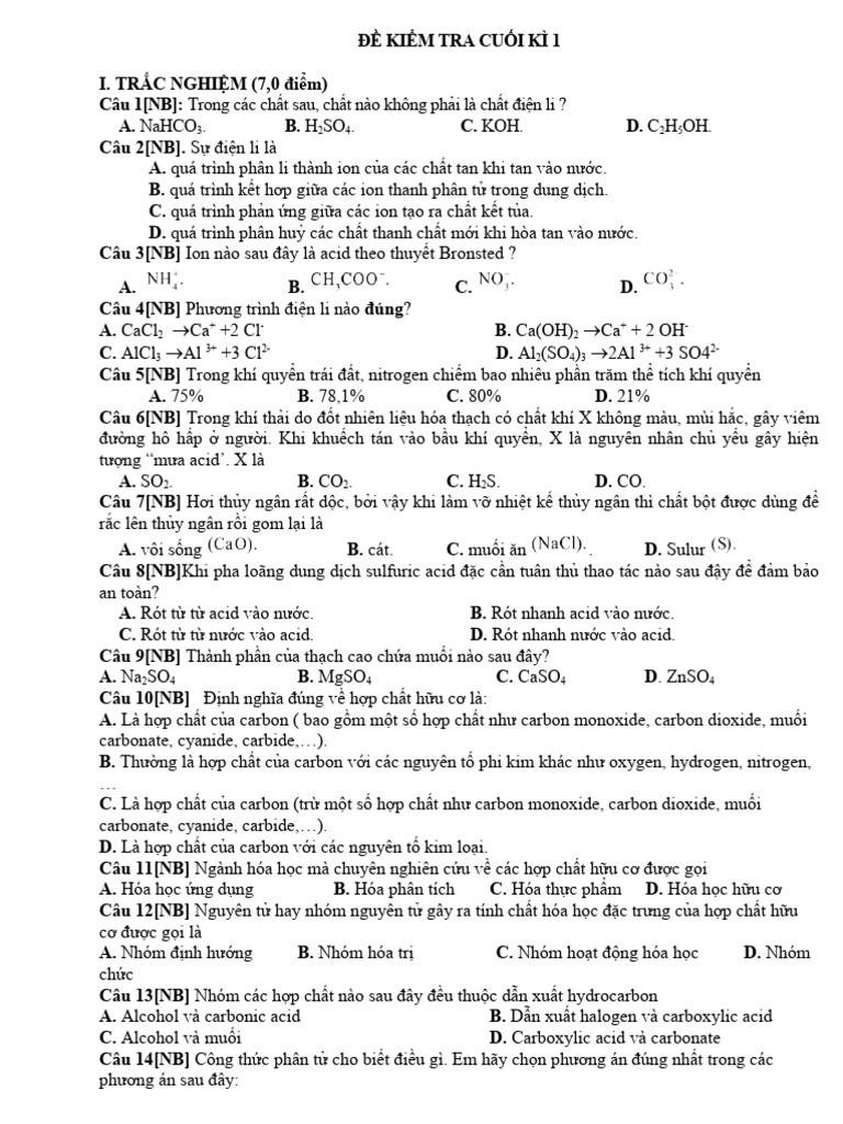 HOA 11 - CUỐI KÌ 1 - ĐỀ&HDC - NHT | PDF