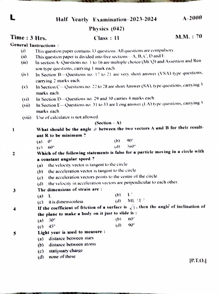 Class 11 Half Yearly (2023-24) | PDF | Force | Velocity