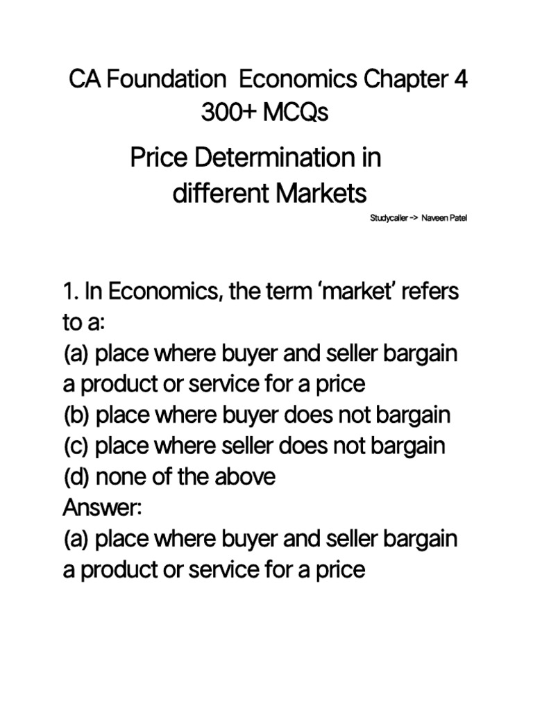 Ca Foundation Economics Chapter 4 300+ MCQS: Price Determination in ...