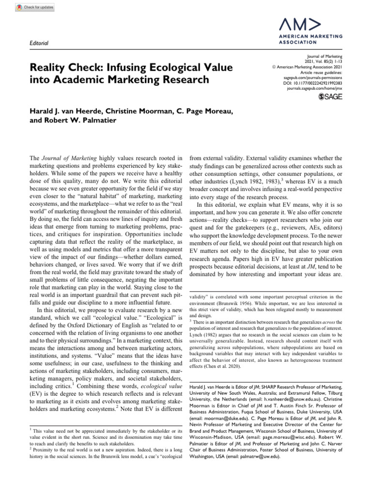 Reality Check Infusing Ecological Value Into Academic Marketing ...