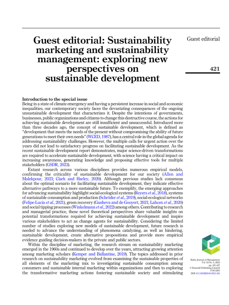 Guest Editorial Sustainability Marketing and Sustainability Management Exploring New ...