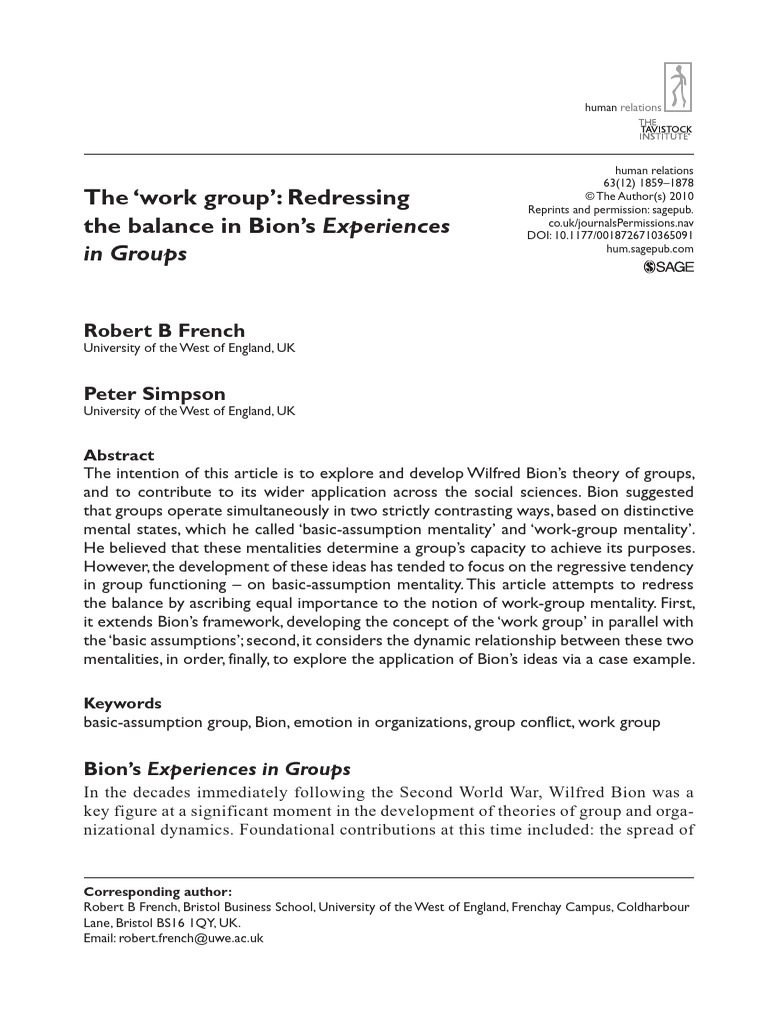 French Simpson 2010 The Work Group Redressing The Balance in Bion S ...
