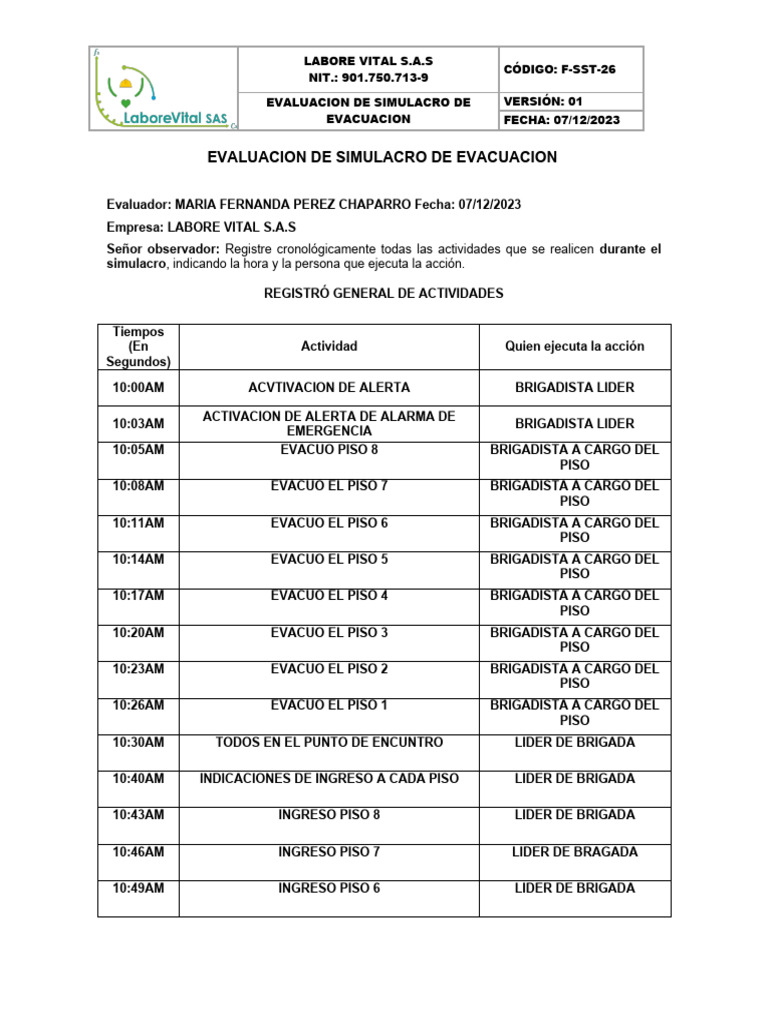 F-SST-26 EVALUACION DE SIMULACRO DE EVACUACION | PDF