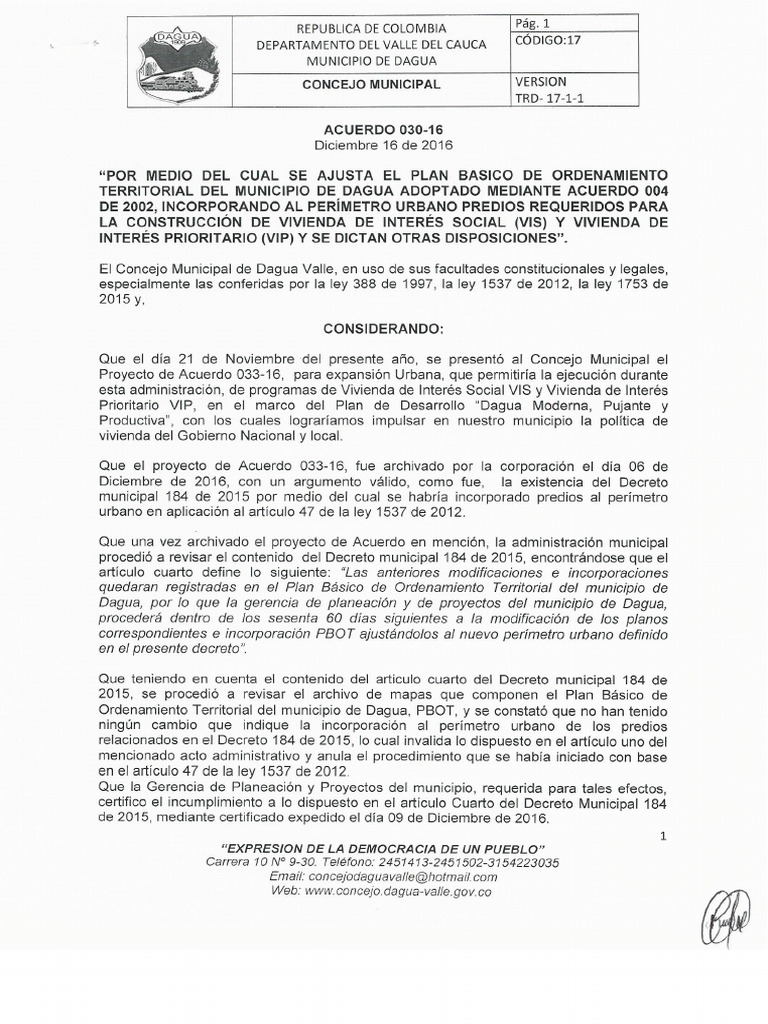 Acuerdo 030-16. Ajuste PBOT | PDF