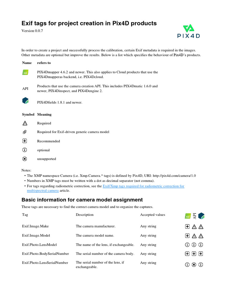 Exif Metadata for Pix4D Projects | PDF | Tag (Metadata) | Camera