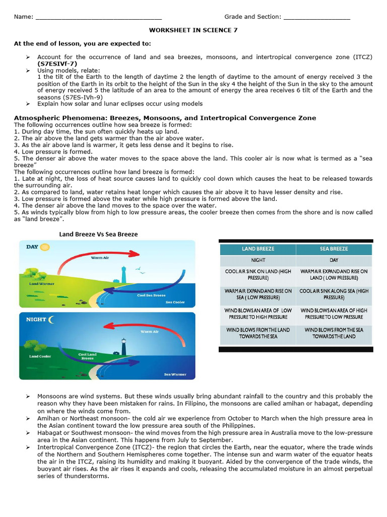 Science 7: Breezes, Monsoons, and Eclipses Worksheet | PDF | Winter | Earth