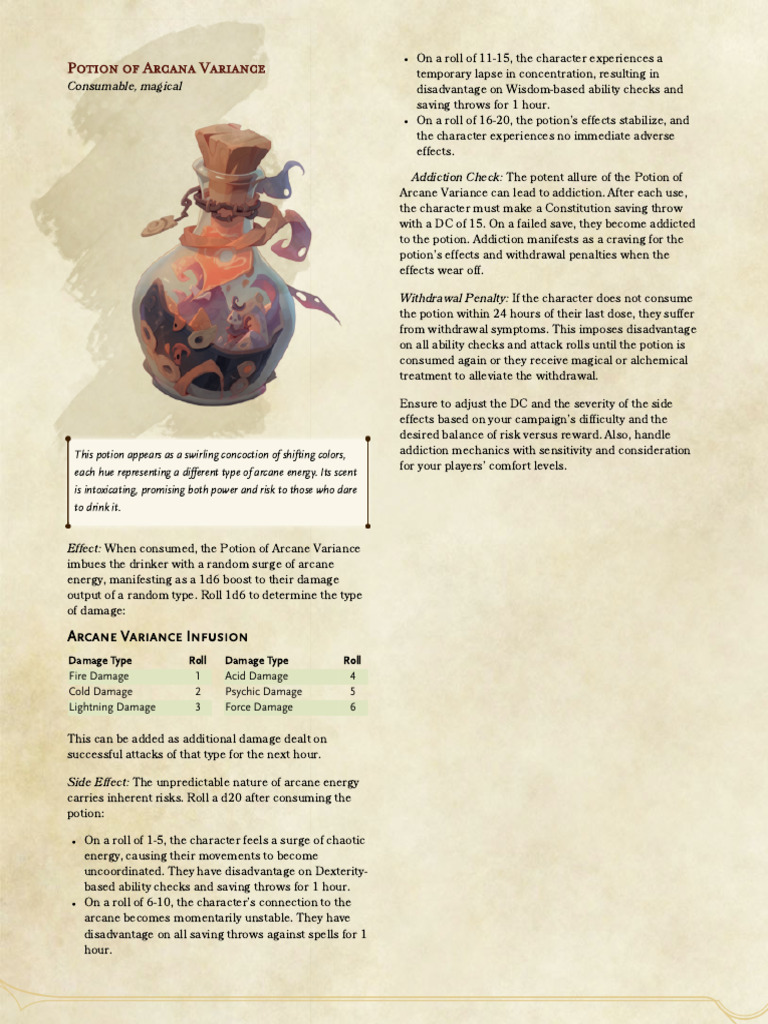 DND 5e Item - Arcane Variance Potion | PDF | Drug Withdrawal | Diseases ...