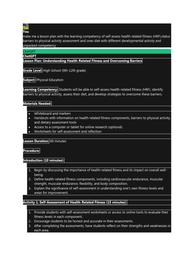 Chat GPT | PDF | Physical Fitness | Lesson Plan