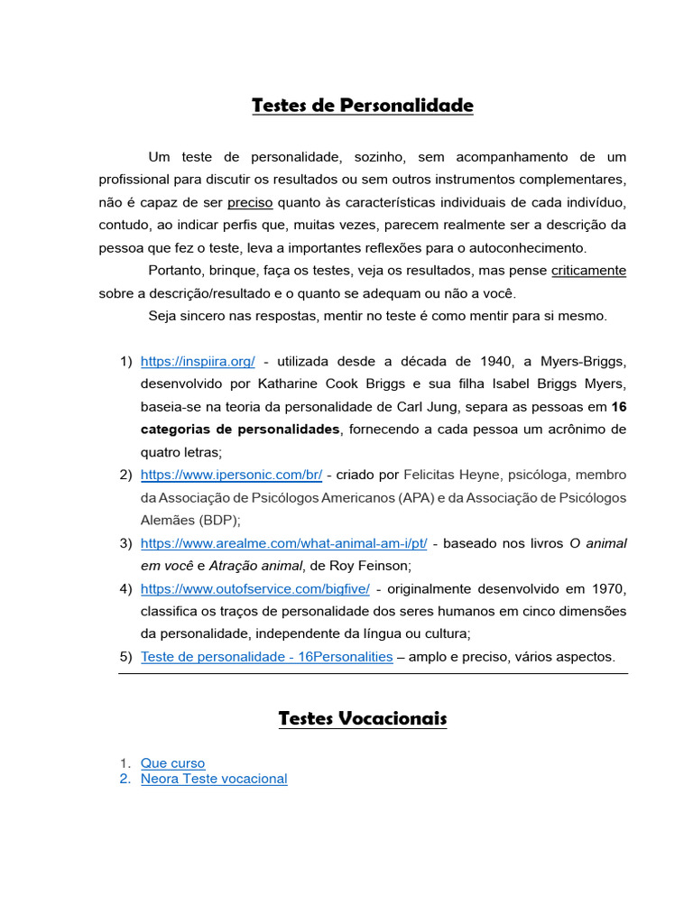 Testes de Personalidade | PDF