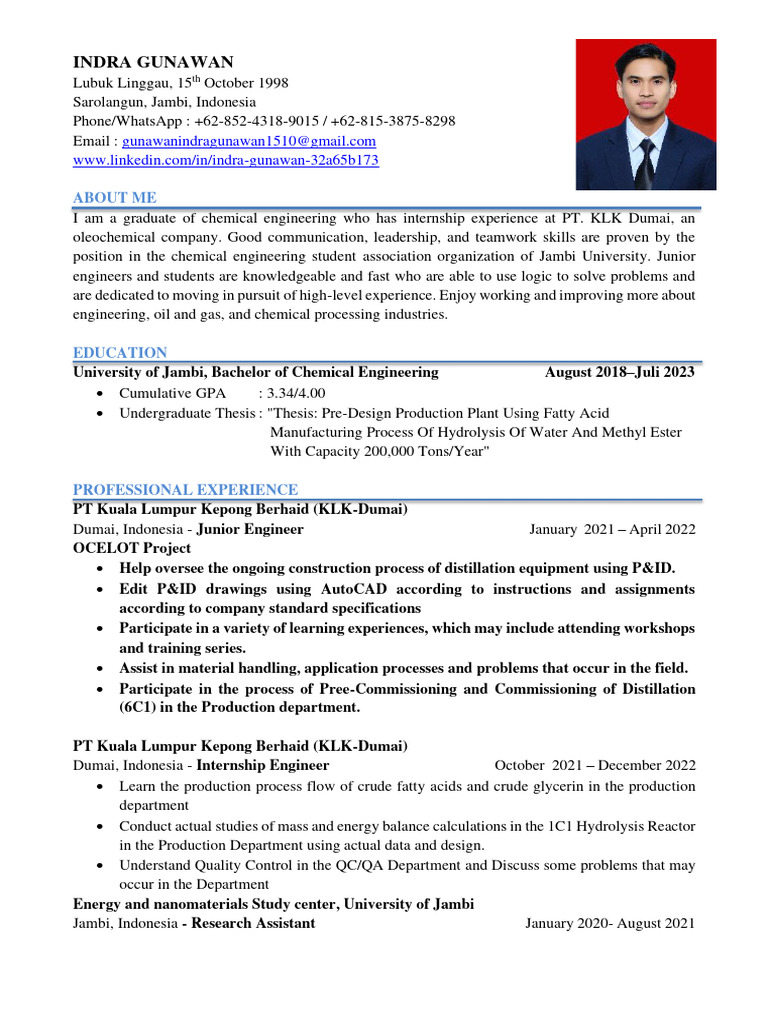Indra Gunawan: Chemical Engineer CV | PDF | Business