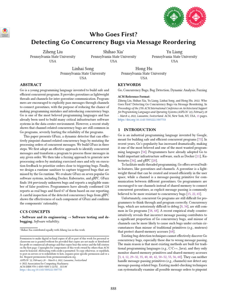 Who Goes First Detecting Go Concurrency Bugs Message Reordering Pdf Concurrent Computing