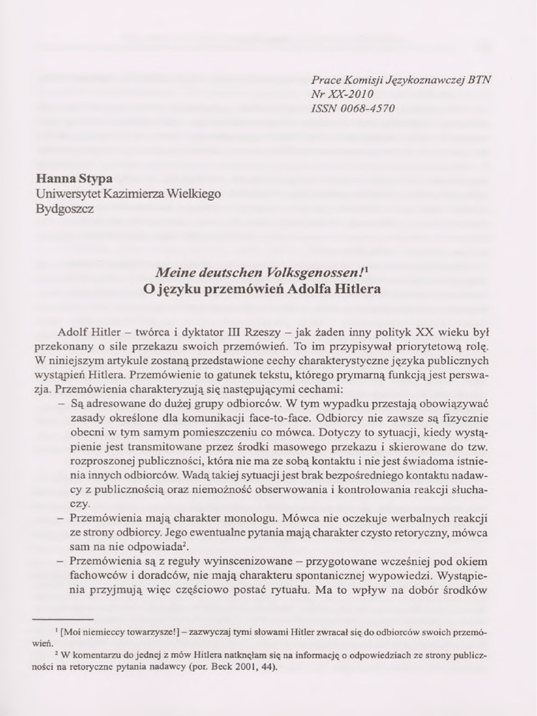 Meine Deutschen Volksgenossen! O Języku Przemówień Adolfa Hitlera | PDF